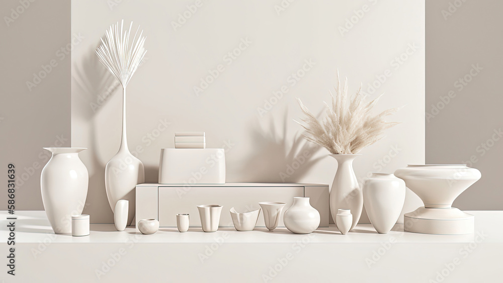 A captivating still life featuring all-white ceramic objects with ...