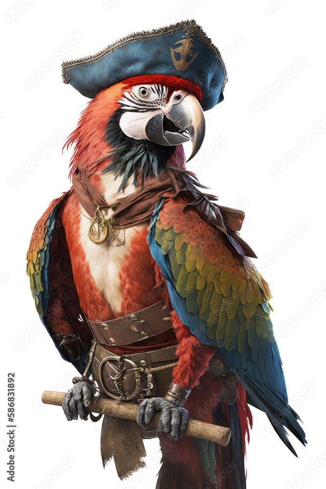 a pirate-themed photographic illustration of a red and green macaw ...