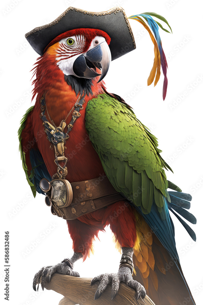a pirate-themed photographic illustration of a red and green macaw ...
