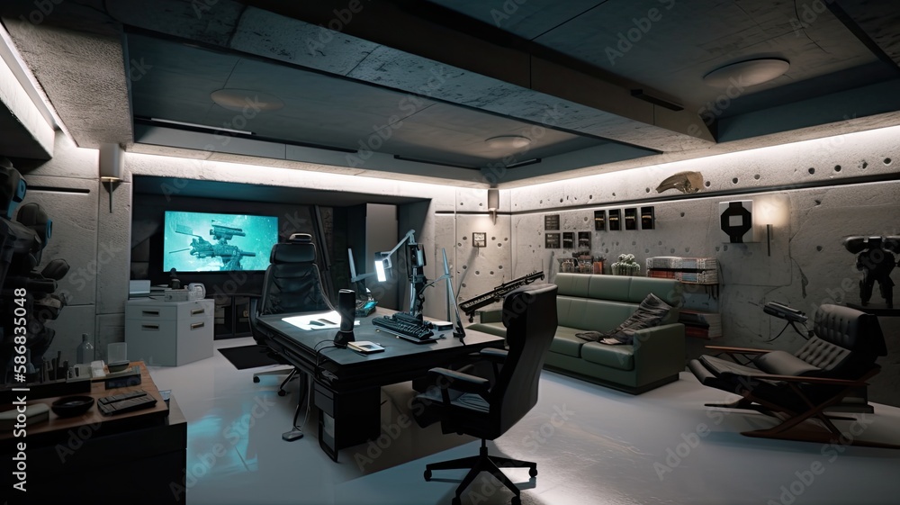 Home office bunker, interior garden with futuristic hidroponics system ...