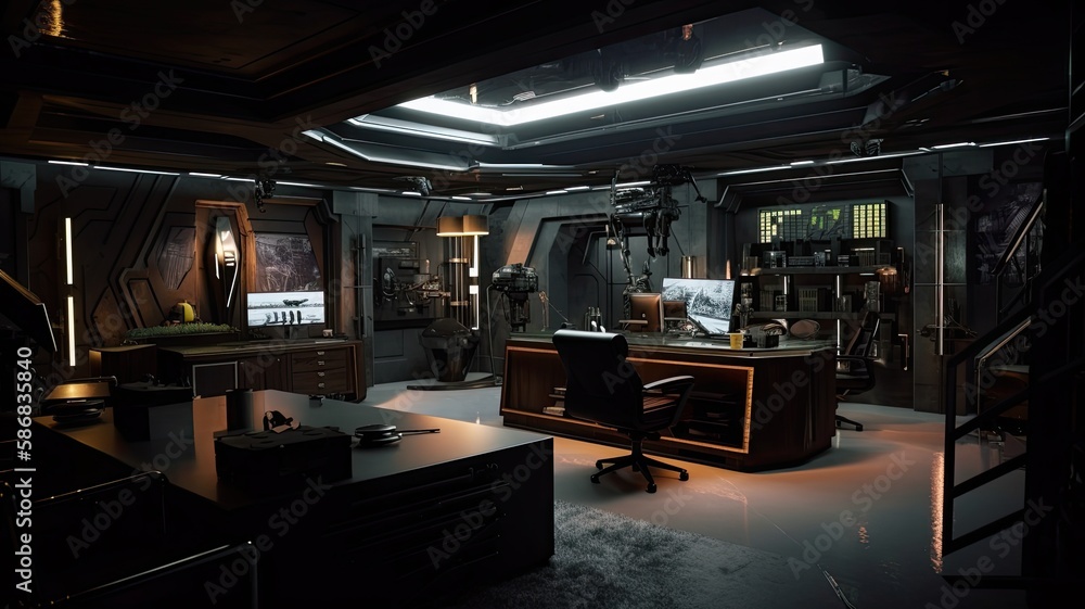Home office bunker, interior garden with futuristic hidroponics system ...