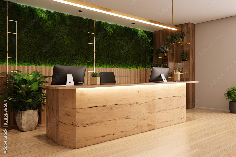 Perspective view on stylish reception desk made from natural wooden ...