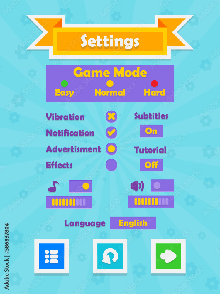 Menu of game graphic user interface on screen of 2d mobile game ...