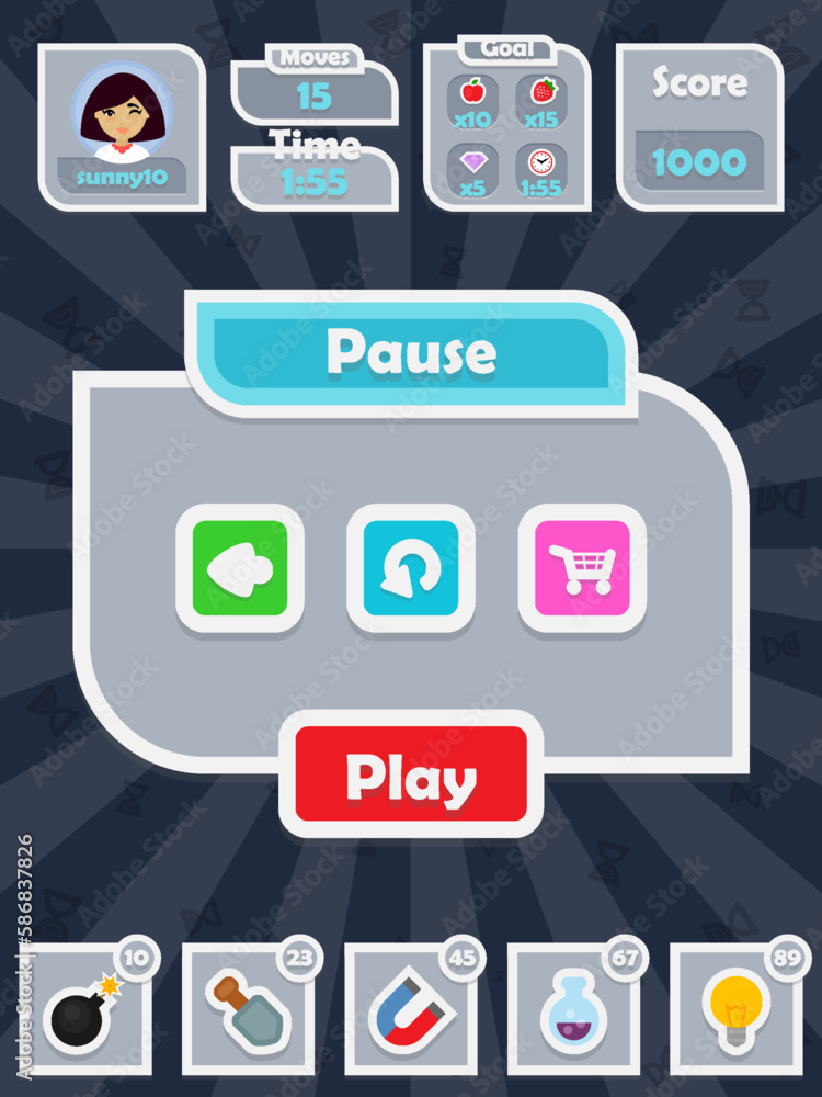 Menu of game graphic user interface on screen of 2d mobile game ...