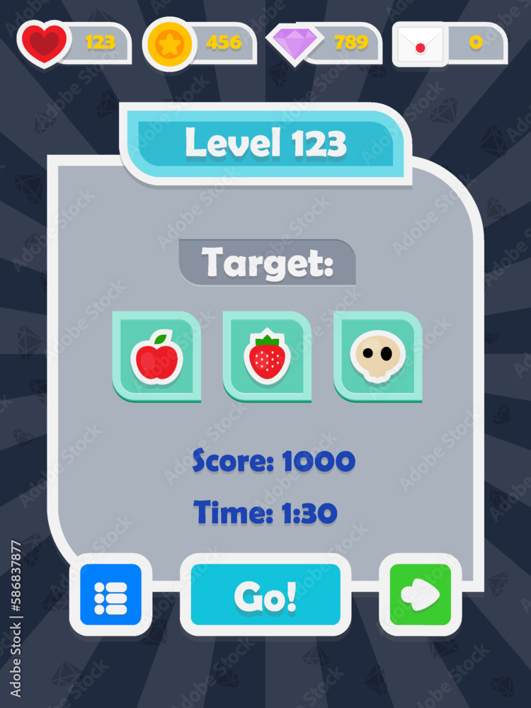 Menu of game graphic user interface on screen of 2d mobile game ...