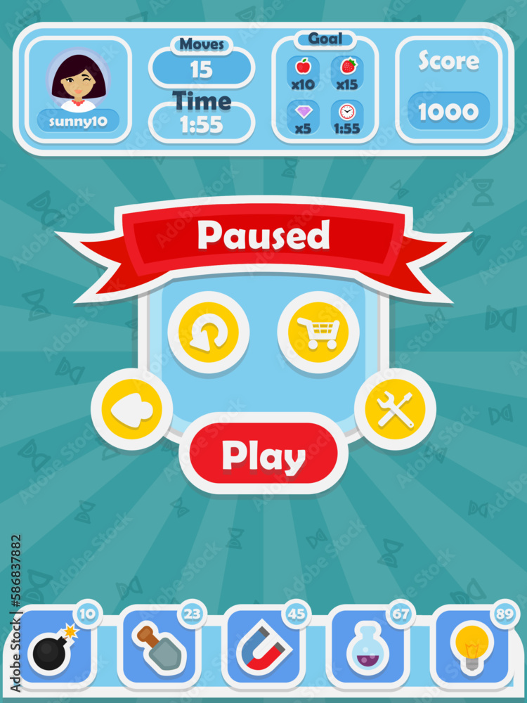 Menu of game graphic user interface on screen of 2d mobile game ...