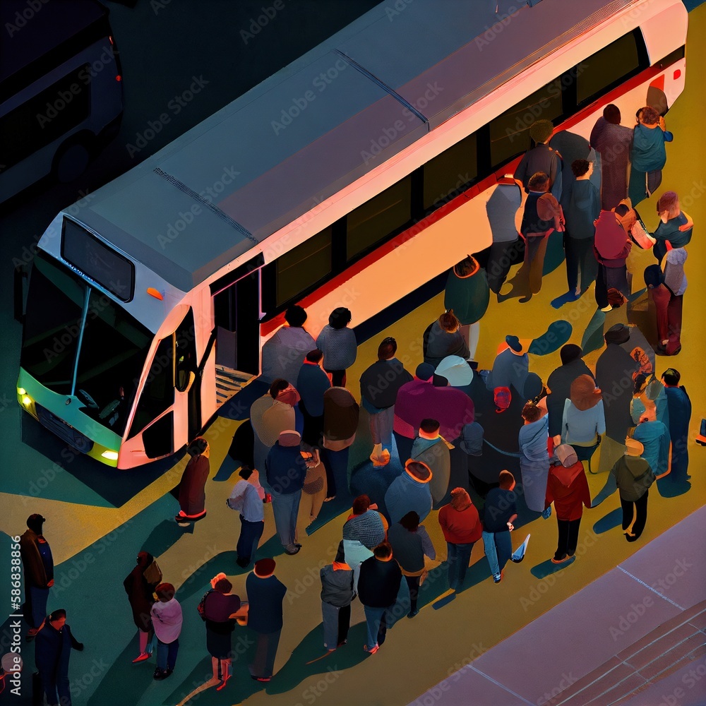 People are standing in a long queue in front of the bus entrance, top ...