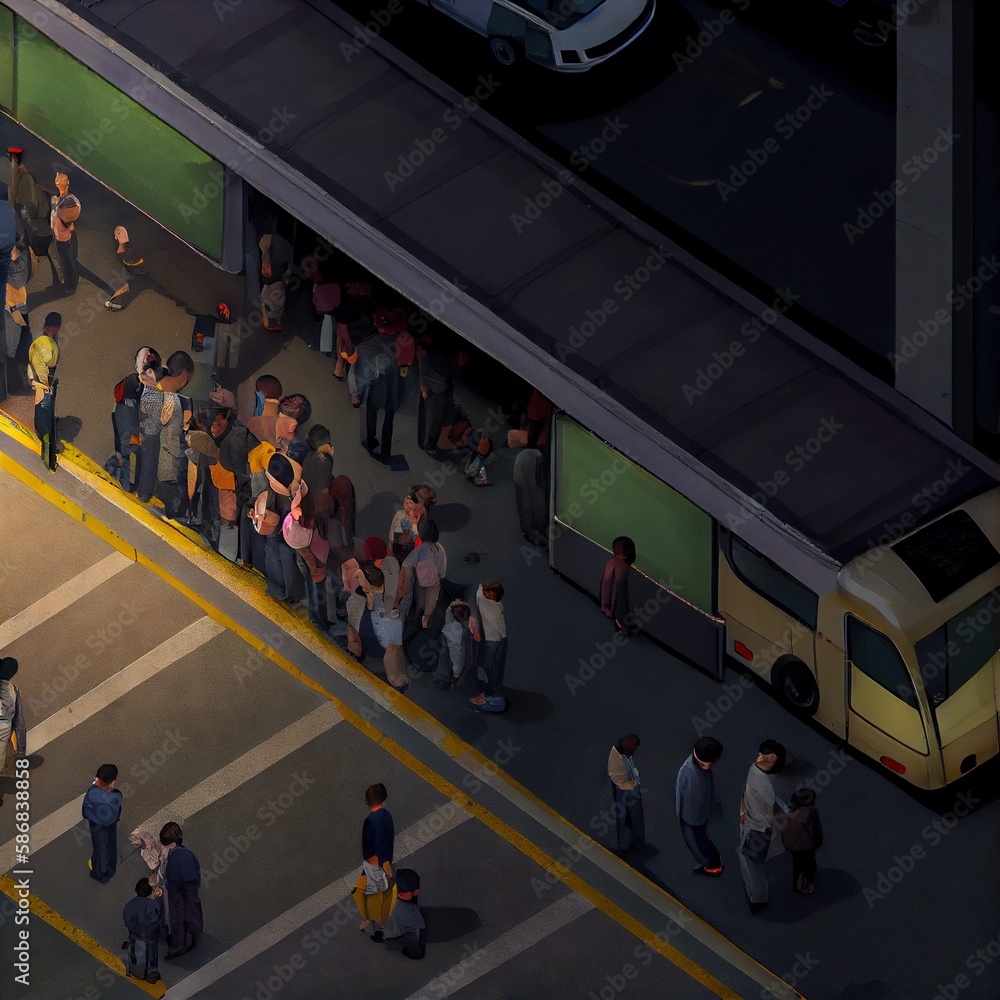 People are standing in a long queue in front of the bus entrance, top ...