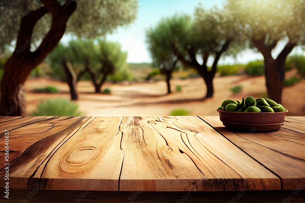 Wooden table background with olive trees in a farm garden. Generative ...