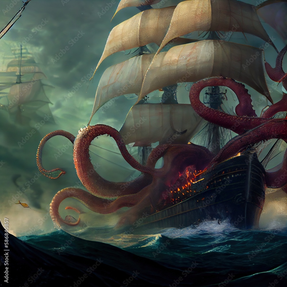 A giant octopus wrapped its tentacles around the ship, created with ...