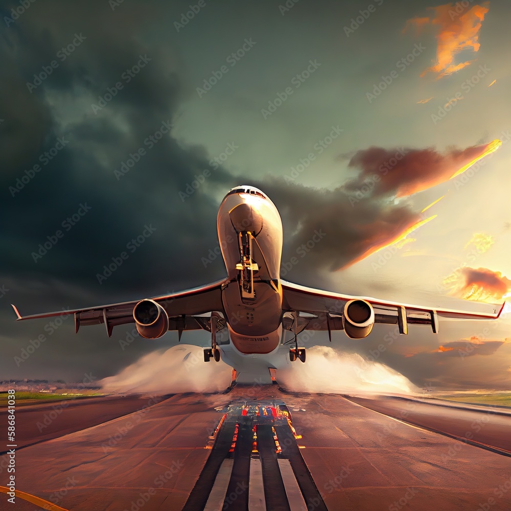 A passenger plane is taking off and taking off from the runway, created ...