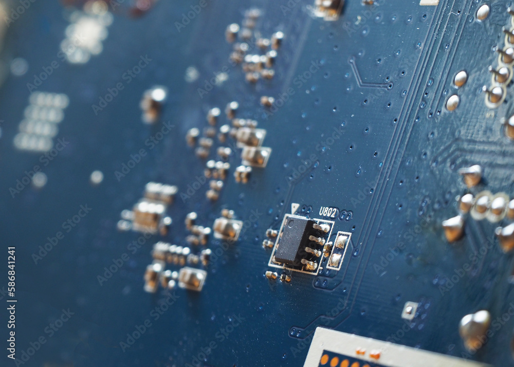 Surface-mount componenets, microchip, connection lines on the ...