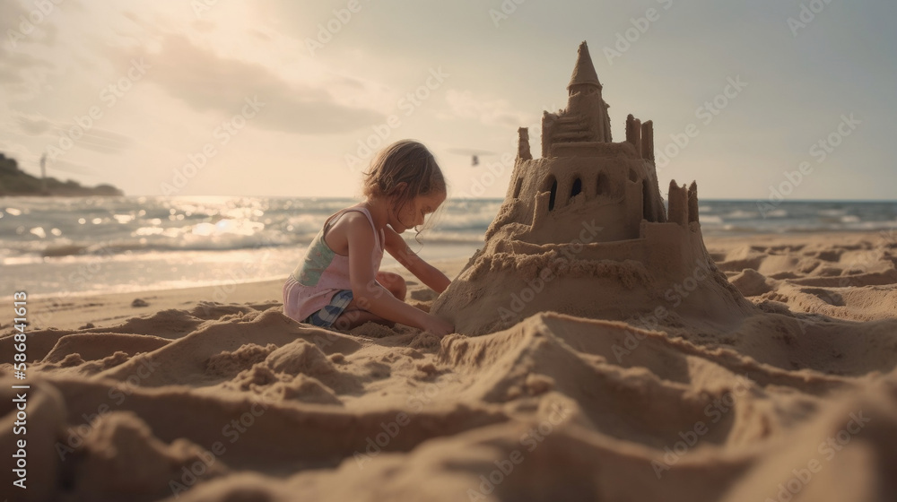 Children making sand castle at tropical beach, Kids making sand castles ...