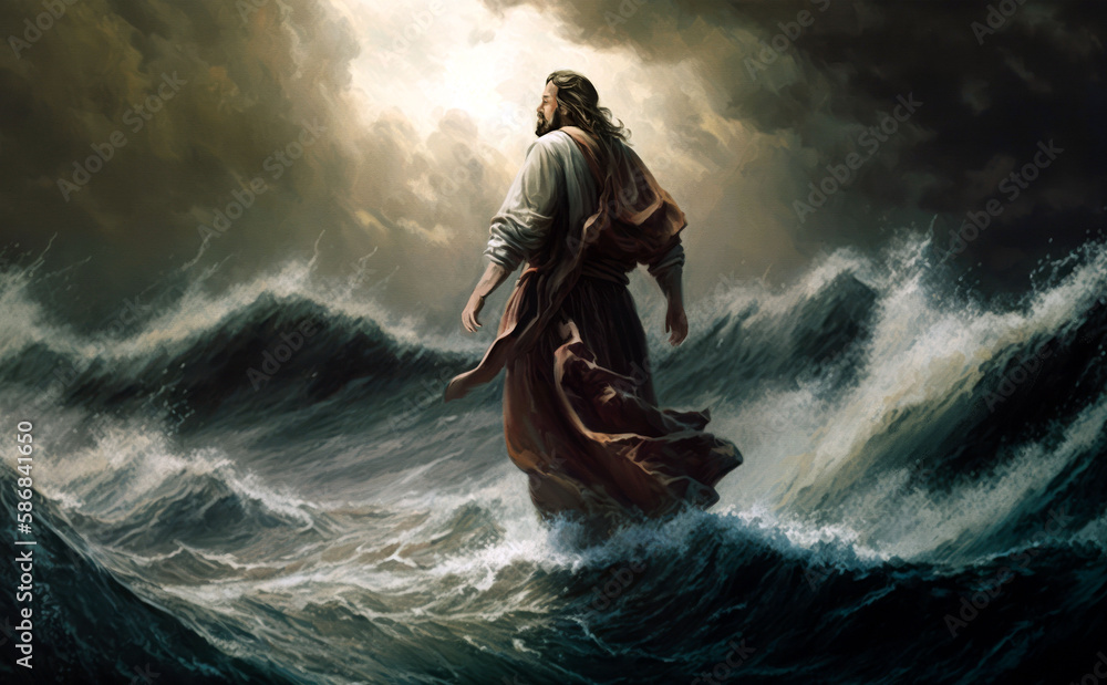 Jesus Christ walks on water in a raging sea, a miracle, symbol of ...