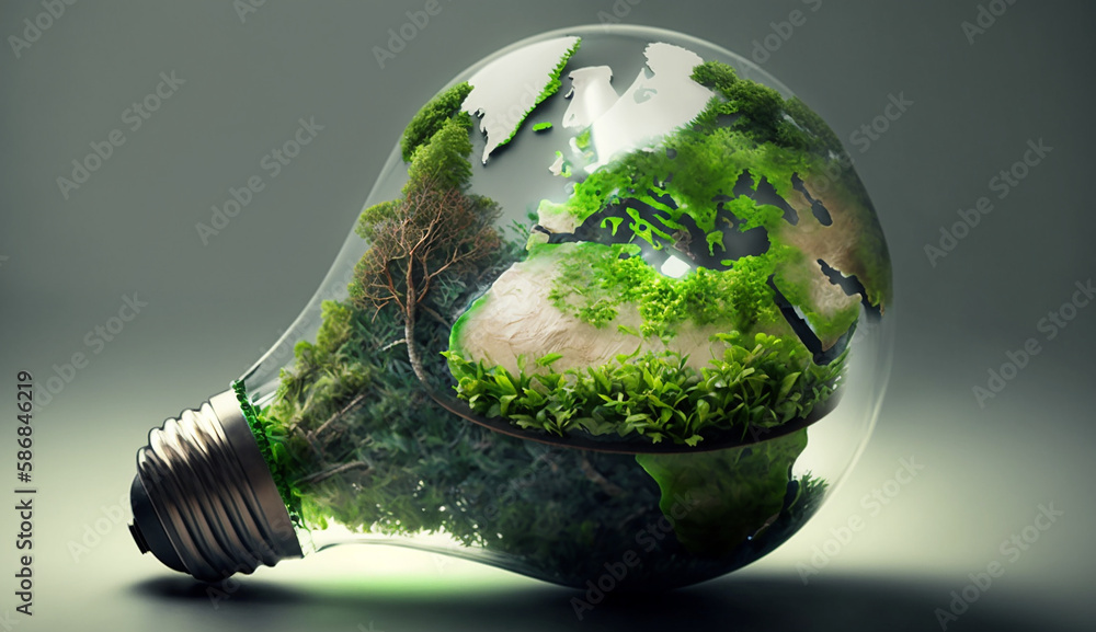 The green world map is on a light bulb that represents green energy ...