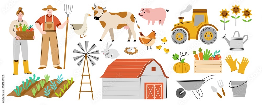 Cartoon cute farm elements. Funny farmers couple hold pitchfork and ...