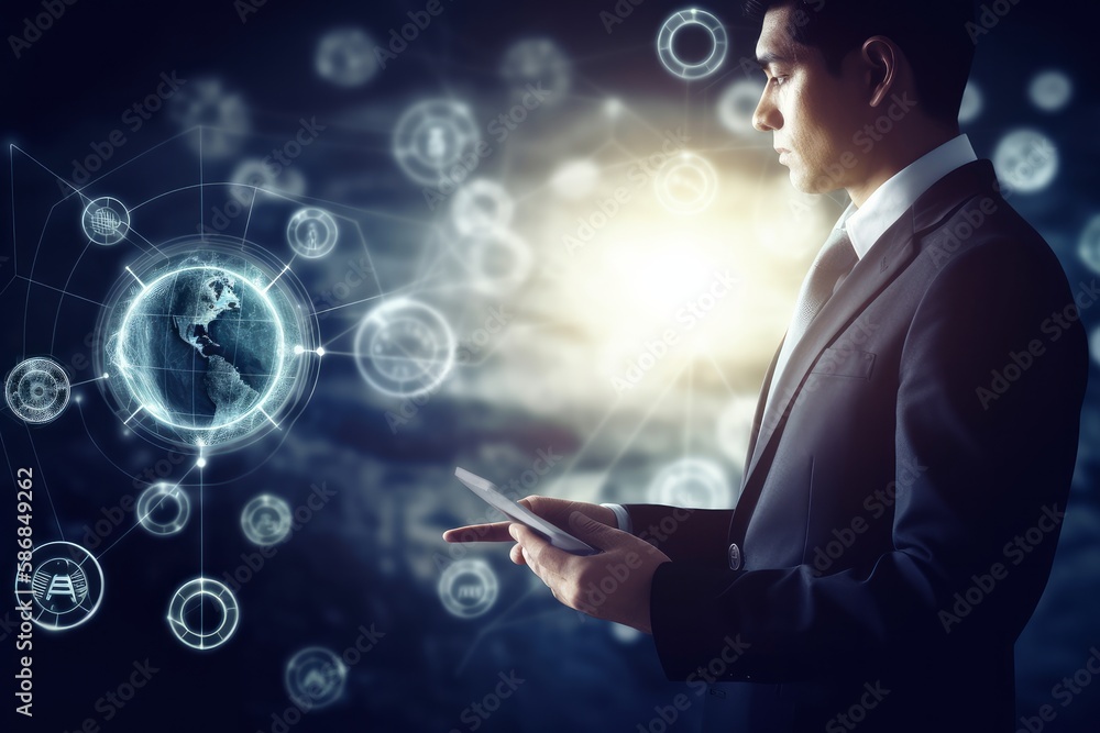 CO2 emission reduction concept, businessman with environmental ...