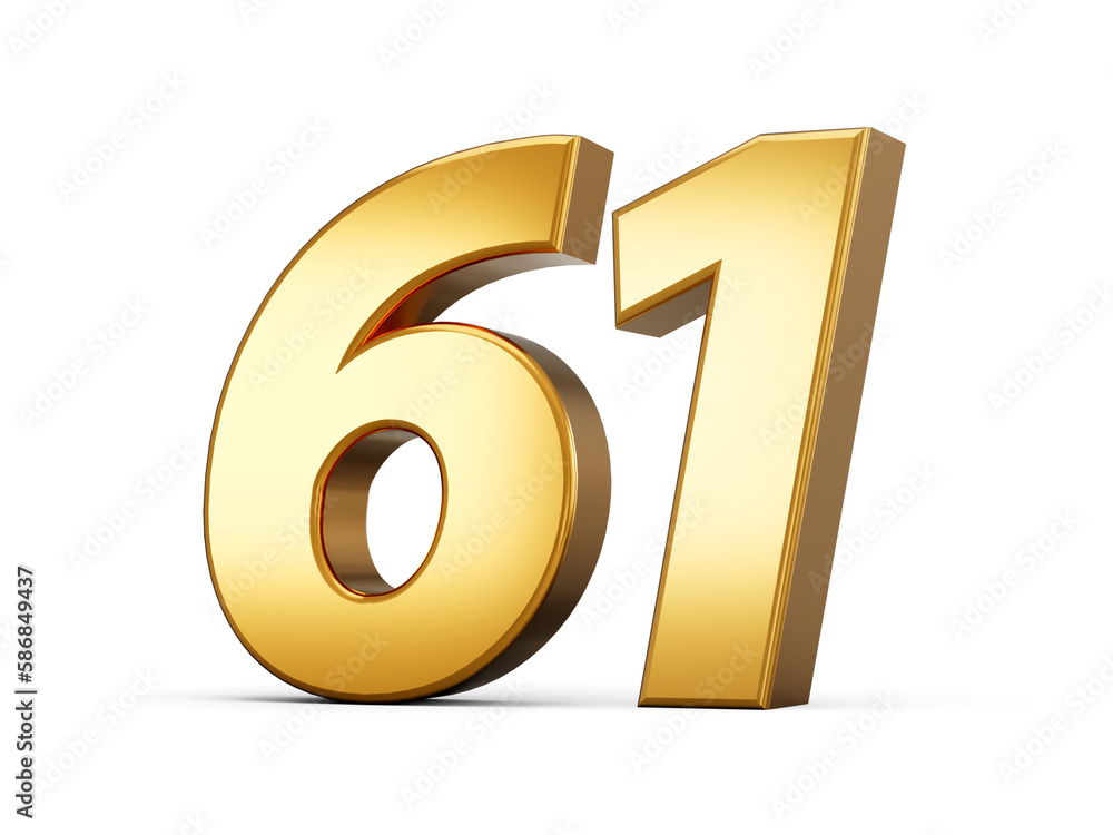 3d Shiny Gold Number 61, Sixty One 3d Gold Number Isolated On White Background, 3d illustration ...