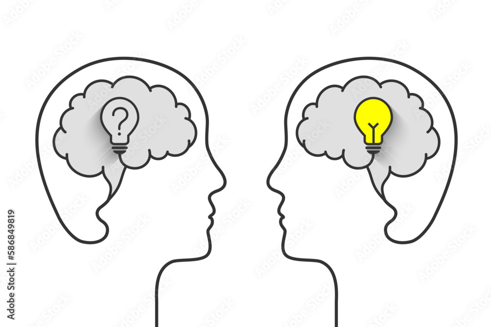 Confusion and idea concept. Head, profile and face outline, brain and ...