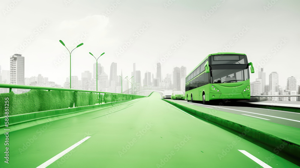 Green public bus on a vivid green bridge over a city with a hazy ...