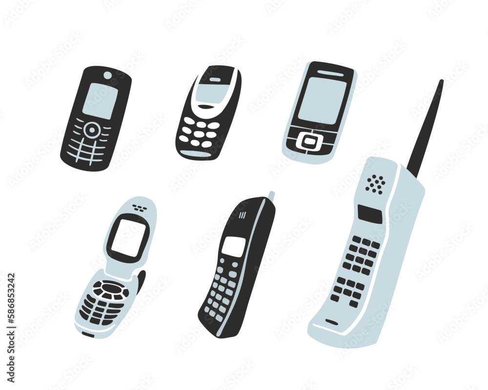 Different types retro mobile phones from 80s-90s isolated on white ...