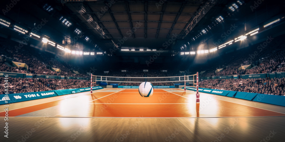 Fantastic volleyball court with fans in the grandstand and a volleyball ...