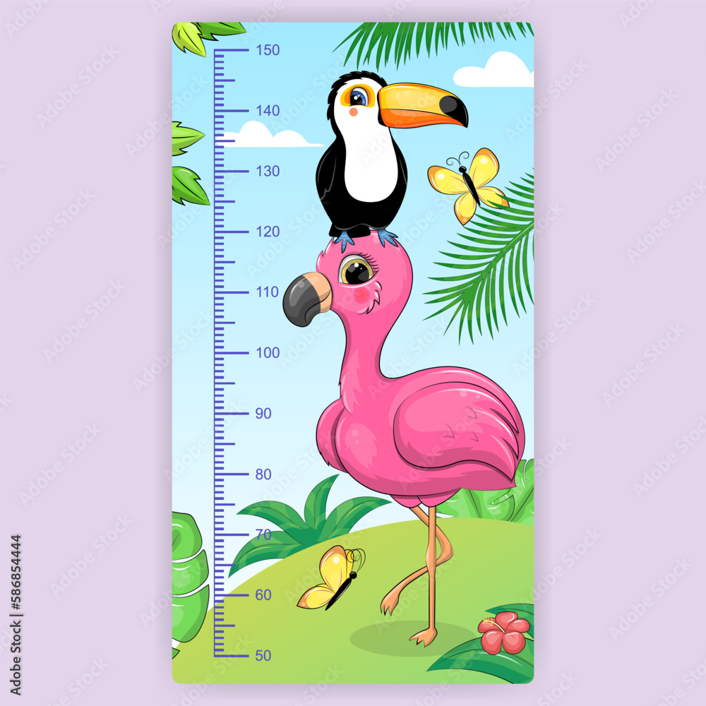 Cute cartoon height chart with flamingo and toucan. Vector illustration ...
