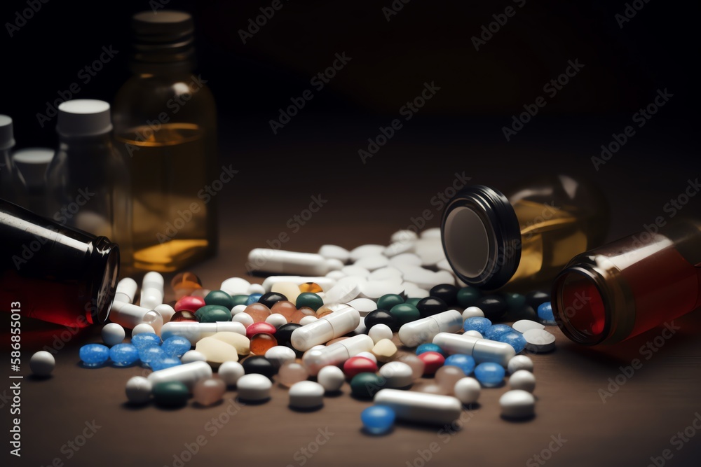 Drugs and pills on the dark table. Drugs illegal. Drug addiction ...