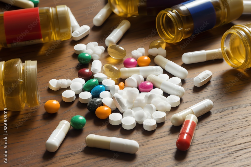 Drugs and pills on the dark table. Drugs illegal. Drug addiction ...