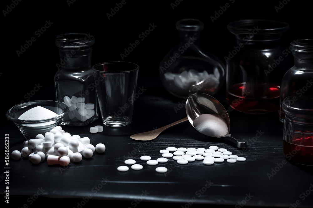 Drugs and pills on the dark table. Drugs illegal. Drug addiction ...