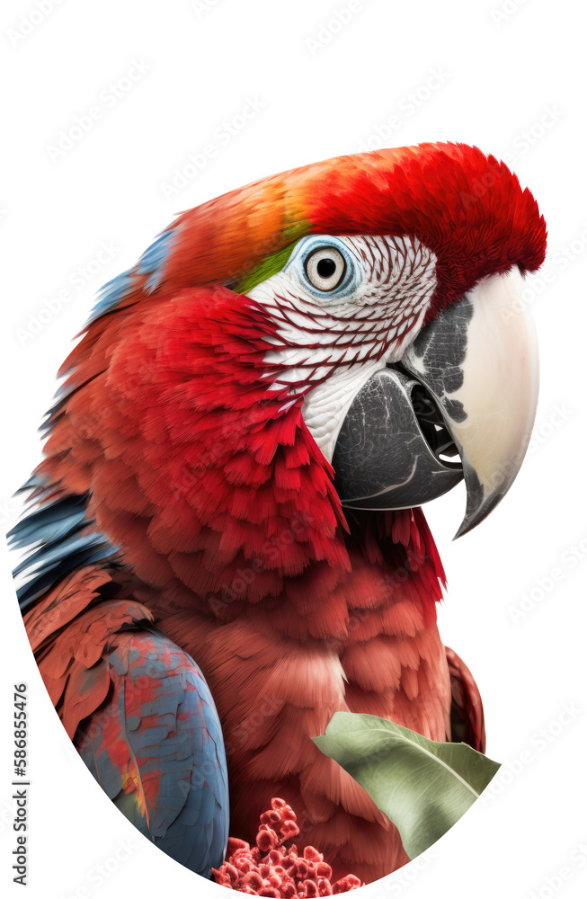 a summer-themed macro up-close photographic illustration of a red, green, and orange macaw ...