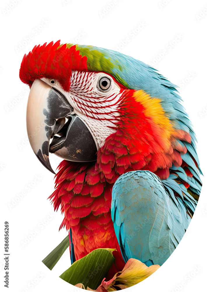 a summer-themed macro up-close photographic illustration of a red, green, and orange macaw ...