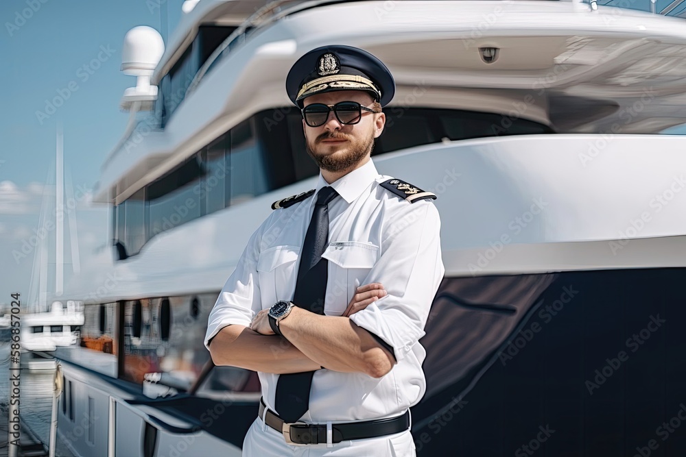captain standing proudly in front of a luxurious yacht, highlighting ...