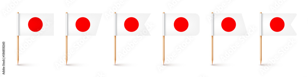 Realistic various Japanese toothpick flags. Souvenir from Japan. Wooden ...