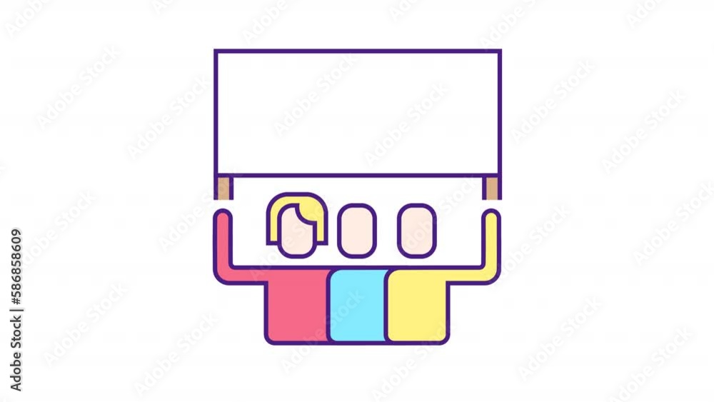 Strike color icon animation. Group of people holding poster. Fight for ...