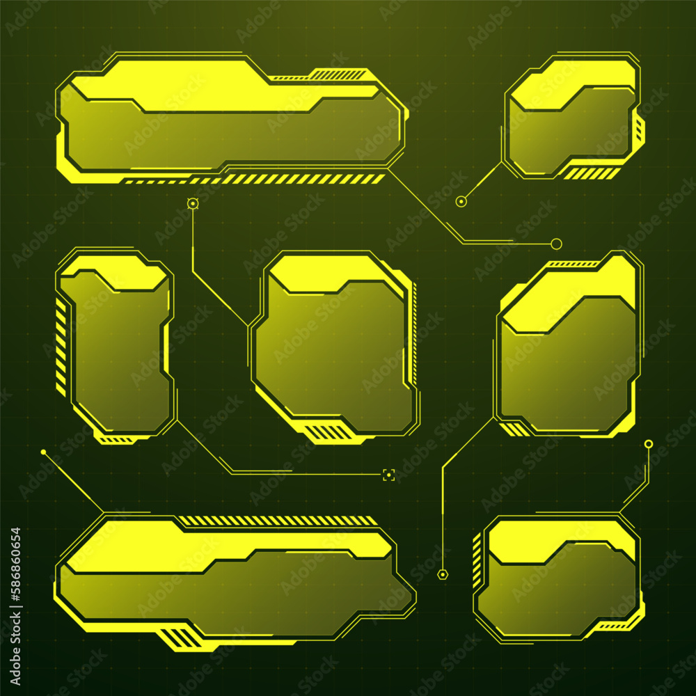 Yellow futuristic HUD, UI elements. Sci-fi user interface text boxes ...