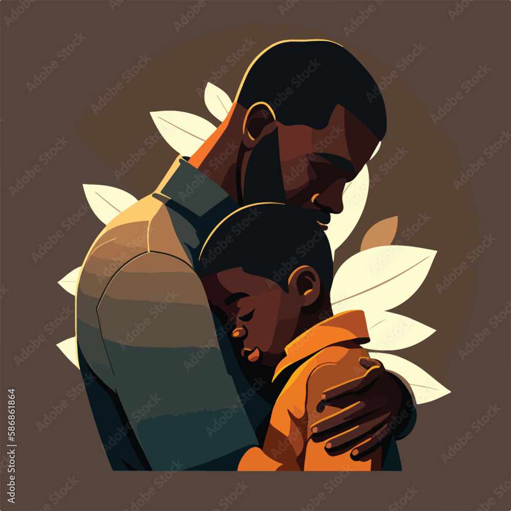 Black, dark-skinned father hugging his son. Concept for Happy father's ...