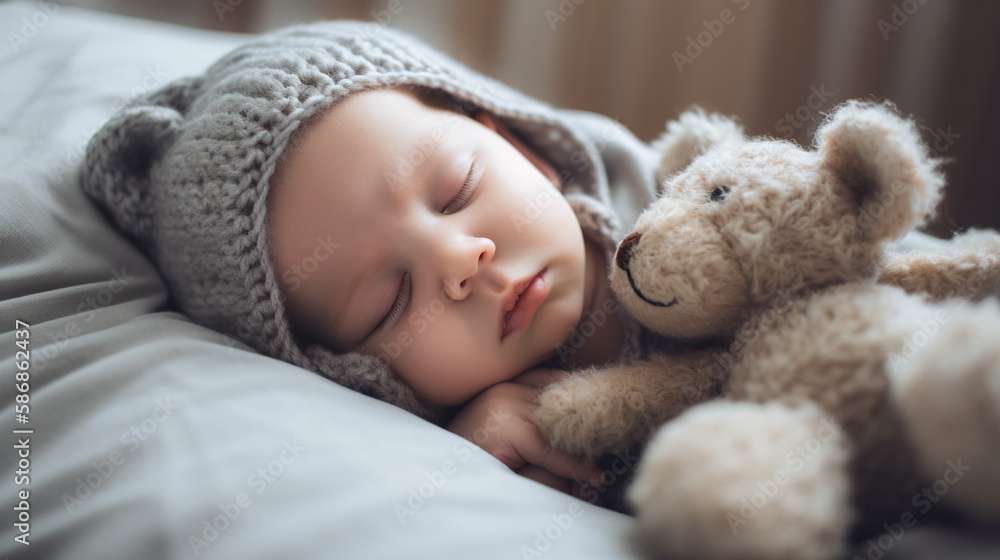 Adorable and cute sleeping baby in knitted hat and soft toy teddy bear ...