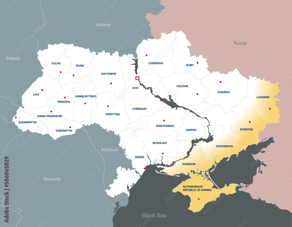 Political map of Ukraine with borders of the regions. Administrative ...
