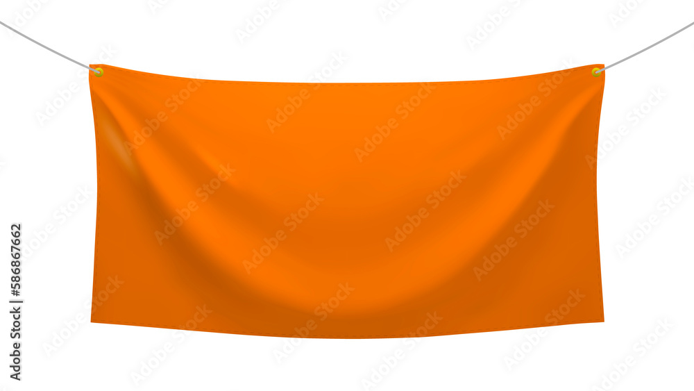 Orange fabric banner with folds stretched on ropes with space for your ...