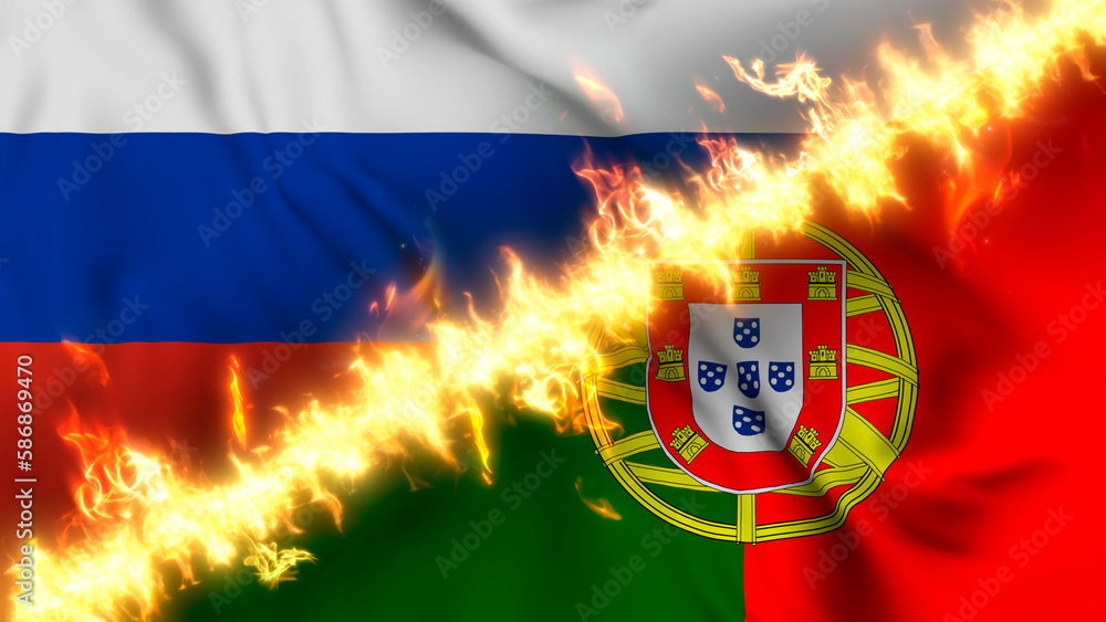 Illustration of a waving flag of russia and Portugal separated by a ...