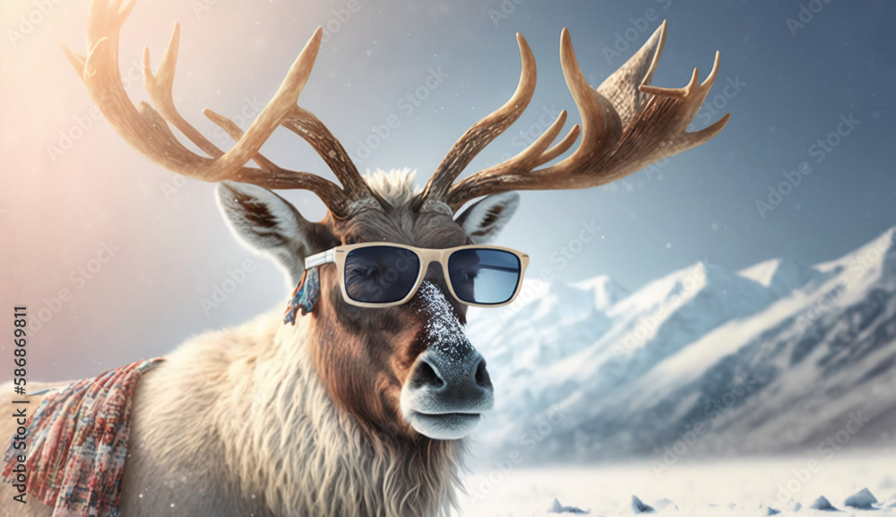 Closeup of Reindeer wearing sunglasses premium portrait with massive ...