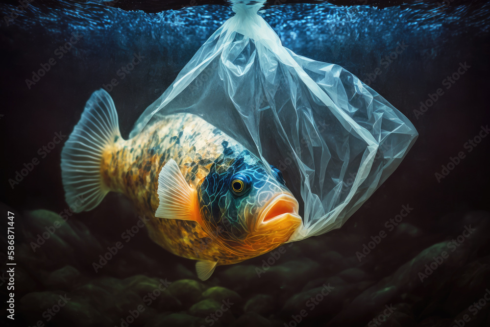 Fish in plastic bag. Massive plastic pollution underwater concept ...