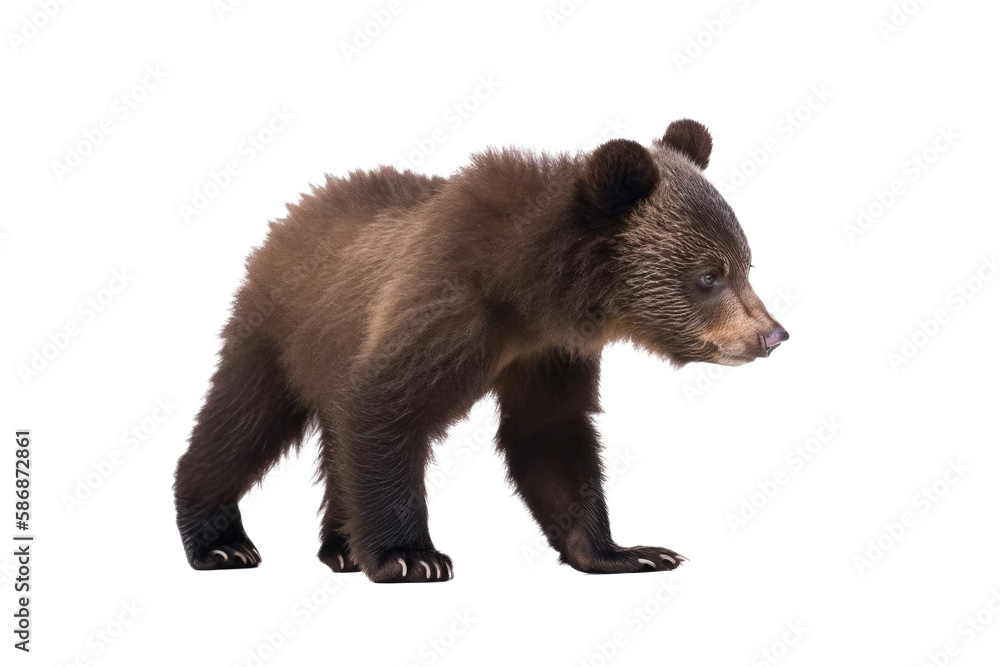 an isolated baby brown bear cub walking, side-view, Alaskan, horizontal ...