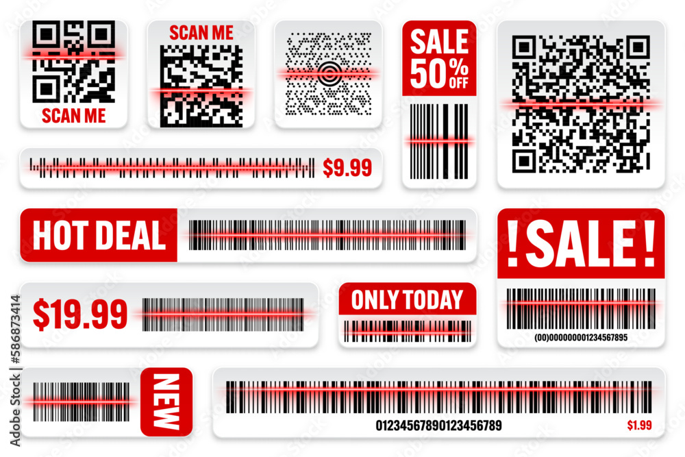 Product barcodes and QR codes with red scanning line. Sale stickers ...