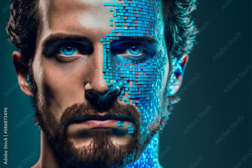Man's futuristic face splits into pixels created with generative AI ...