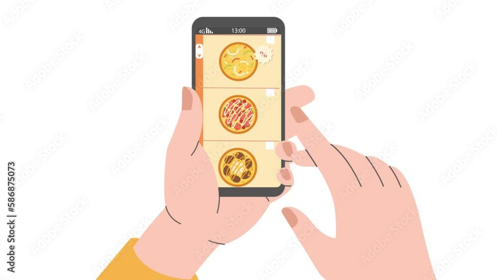 Ordering pizza using online delivery, 2d flat animation. Scrolling food ...