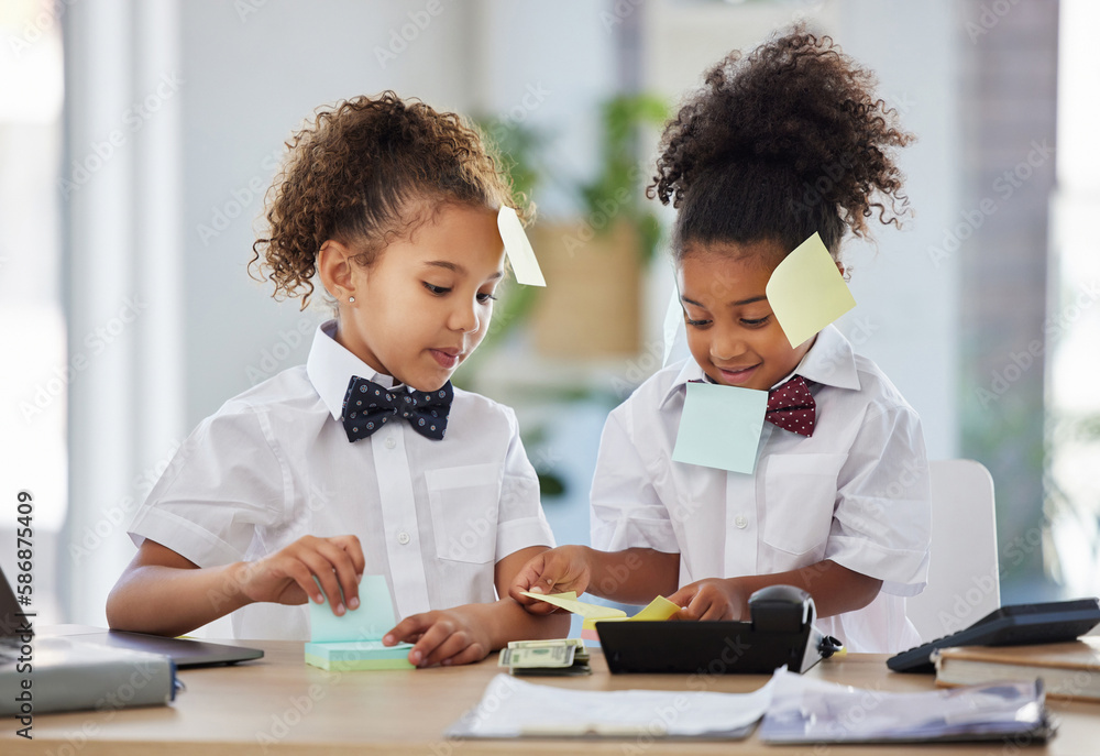 Children, together and playing office with sticky note at desk with ...