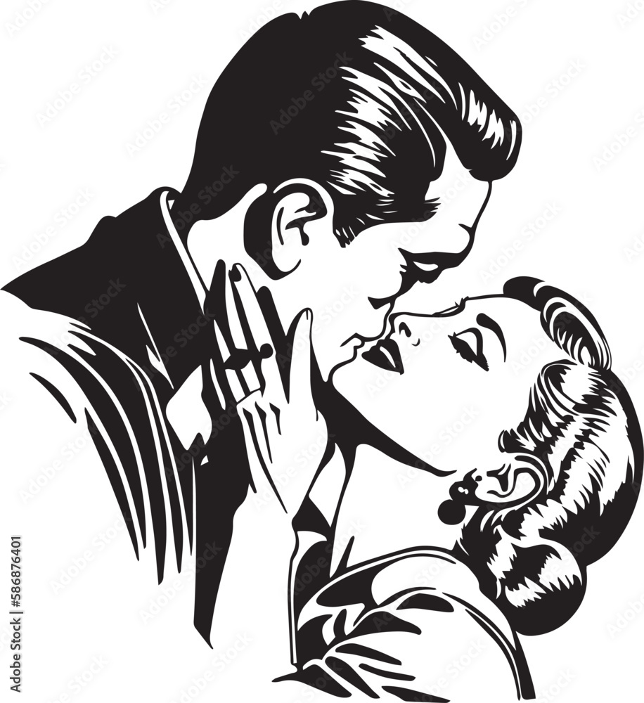 Vintage man kiss woman 60s style . Retro comics black and white ink ...