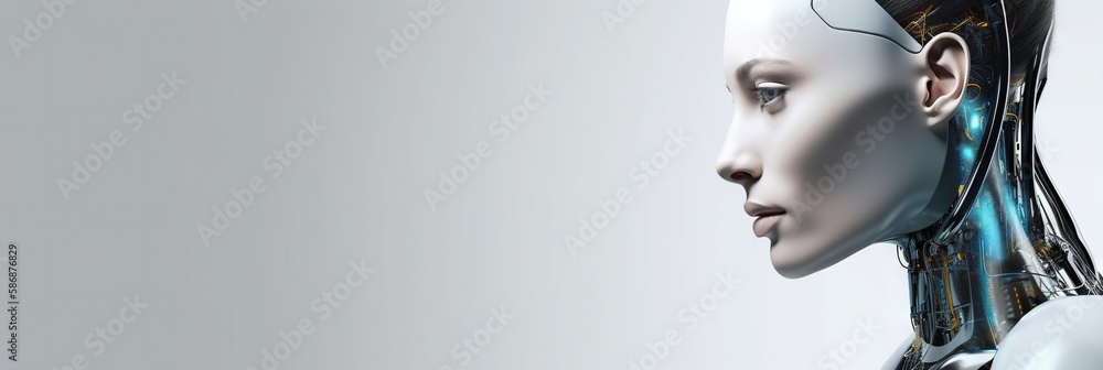 Cyborg woman side view banner. High-tech Ai bot background with copy ...
